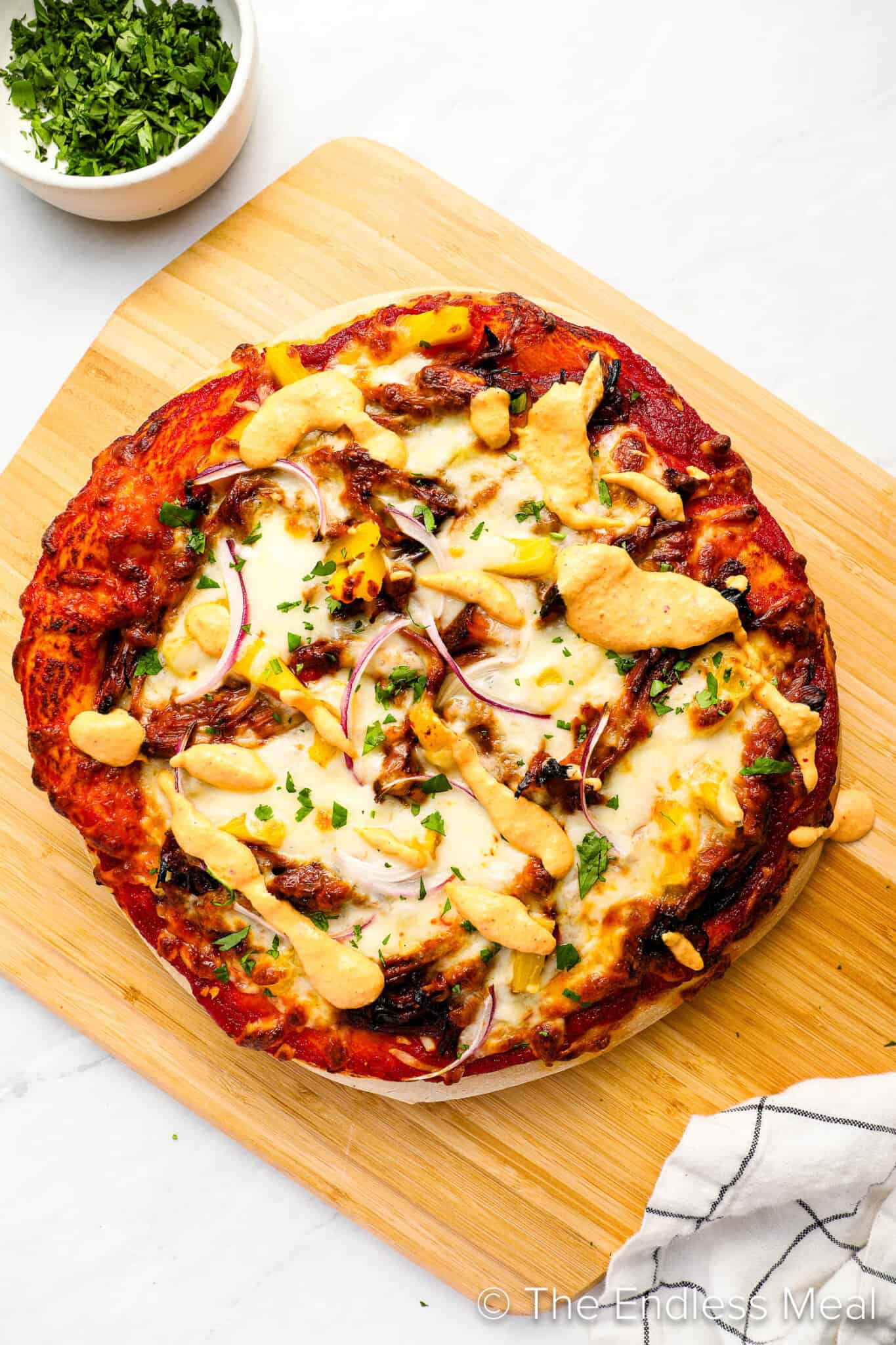 Korean Style Pizza with Gochujang Pulled Pork and Kimchi Dip