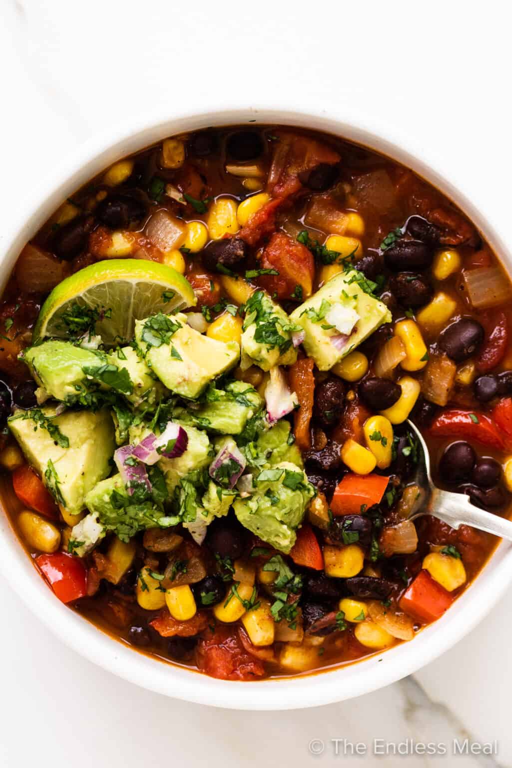 Black Bean and Corn Chili with Avocado Salsa