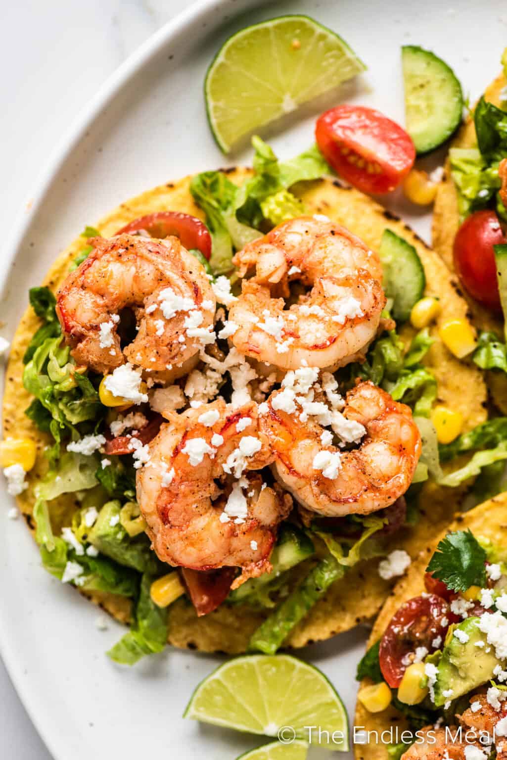 Crispy Shrimp Tostadas with Crunchy Cucumber Corn Slaw