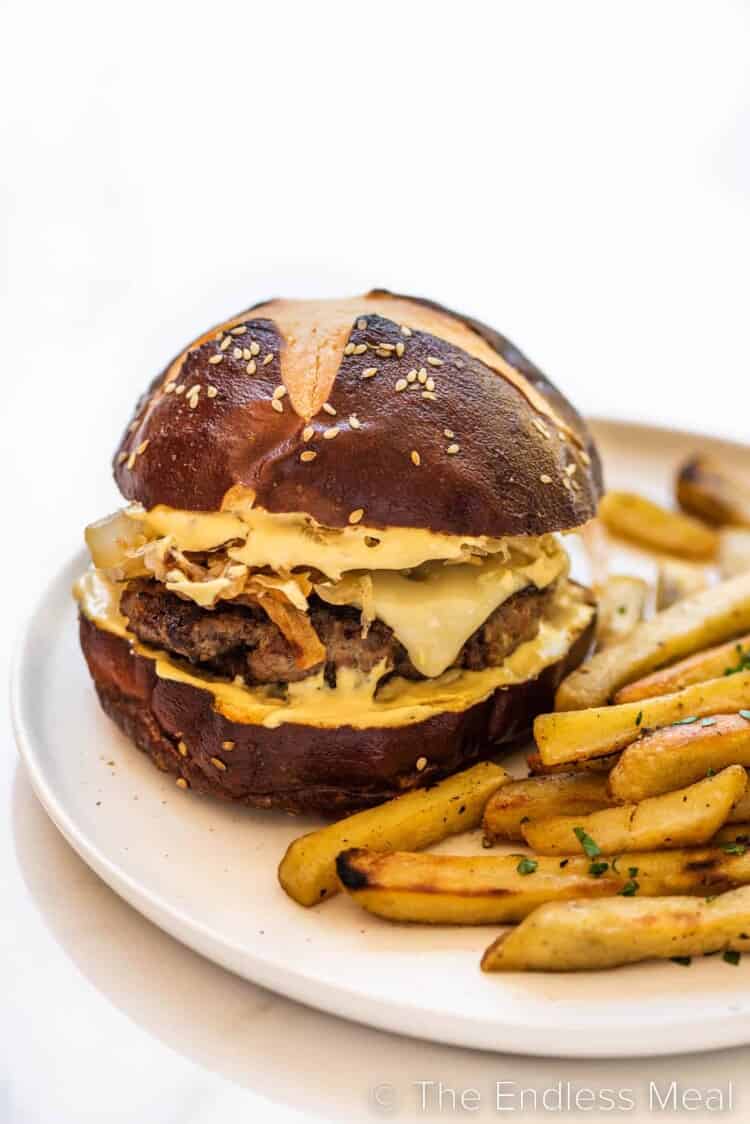 Bratwurst Burger with Onion Sauerkraut Topping