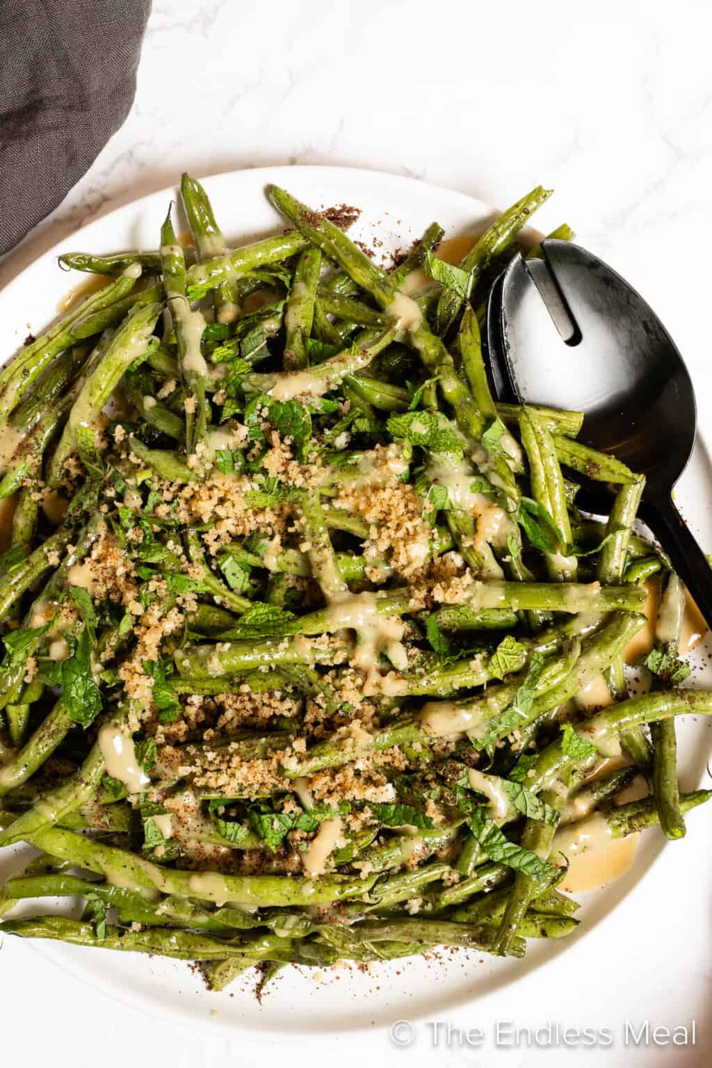 Tahini Green Beans with Garlic Tahini Sauce and Crispy Panko