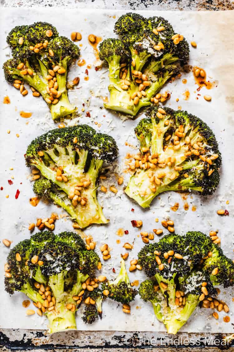 Roasted Broccoli Steaks with Butter Toasted Pine Nuts