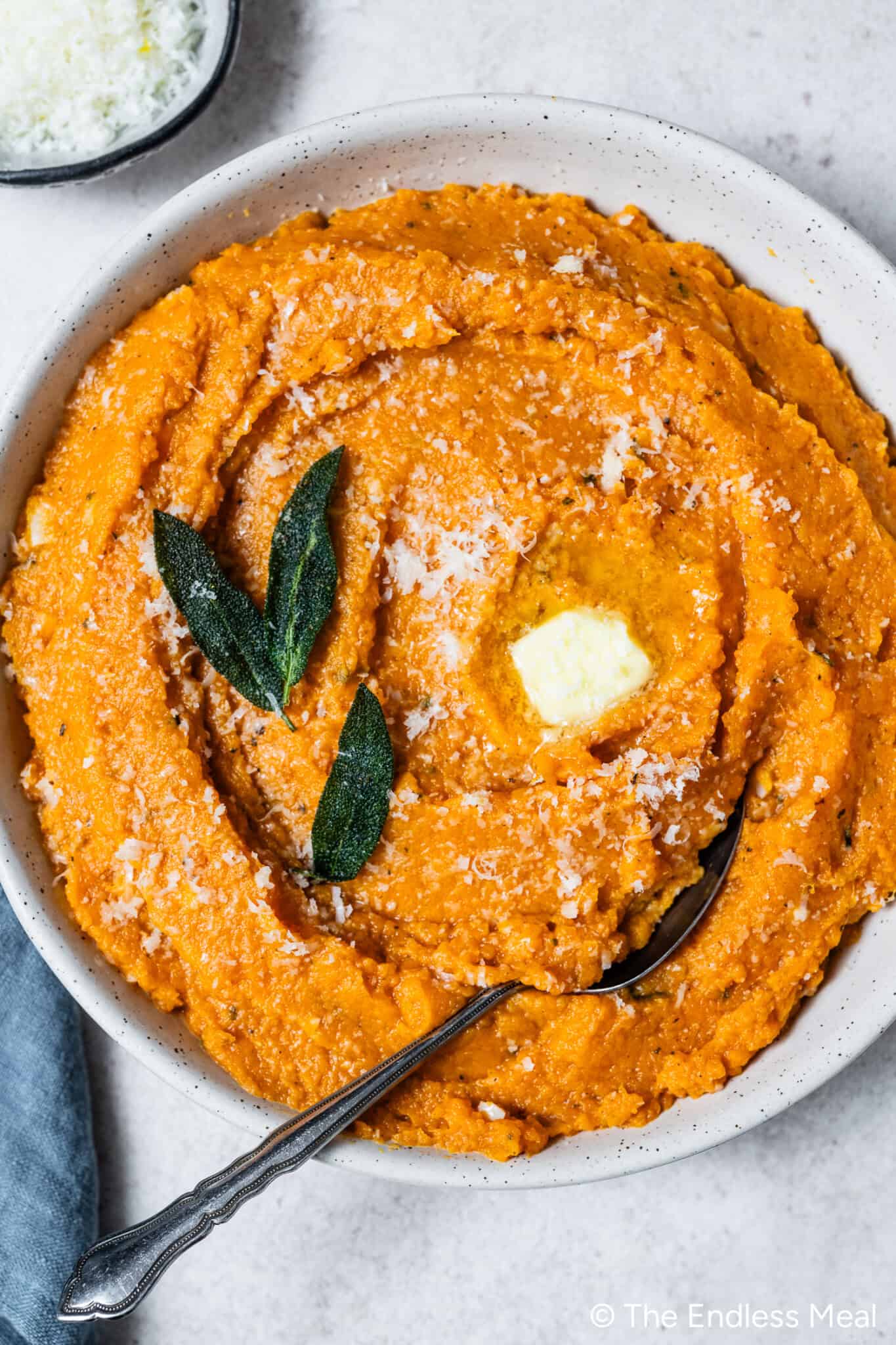 Mashed Sweet Potatoes with Parmesan and Sage Garlic Butter