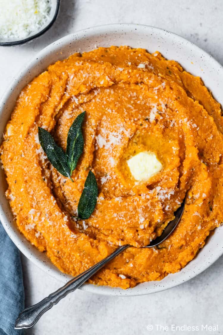 Mashed Sweet Potatoes with Parmesan and Sage Garlic Butter