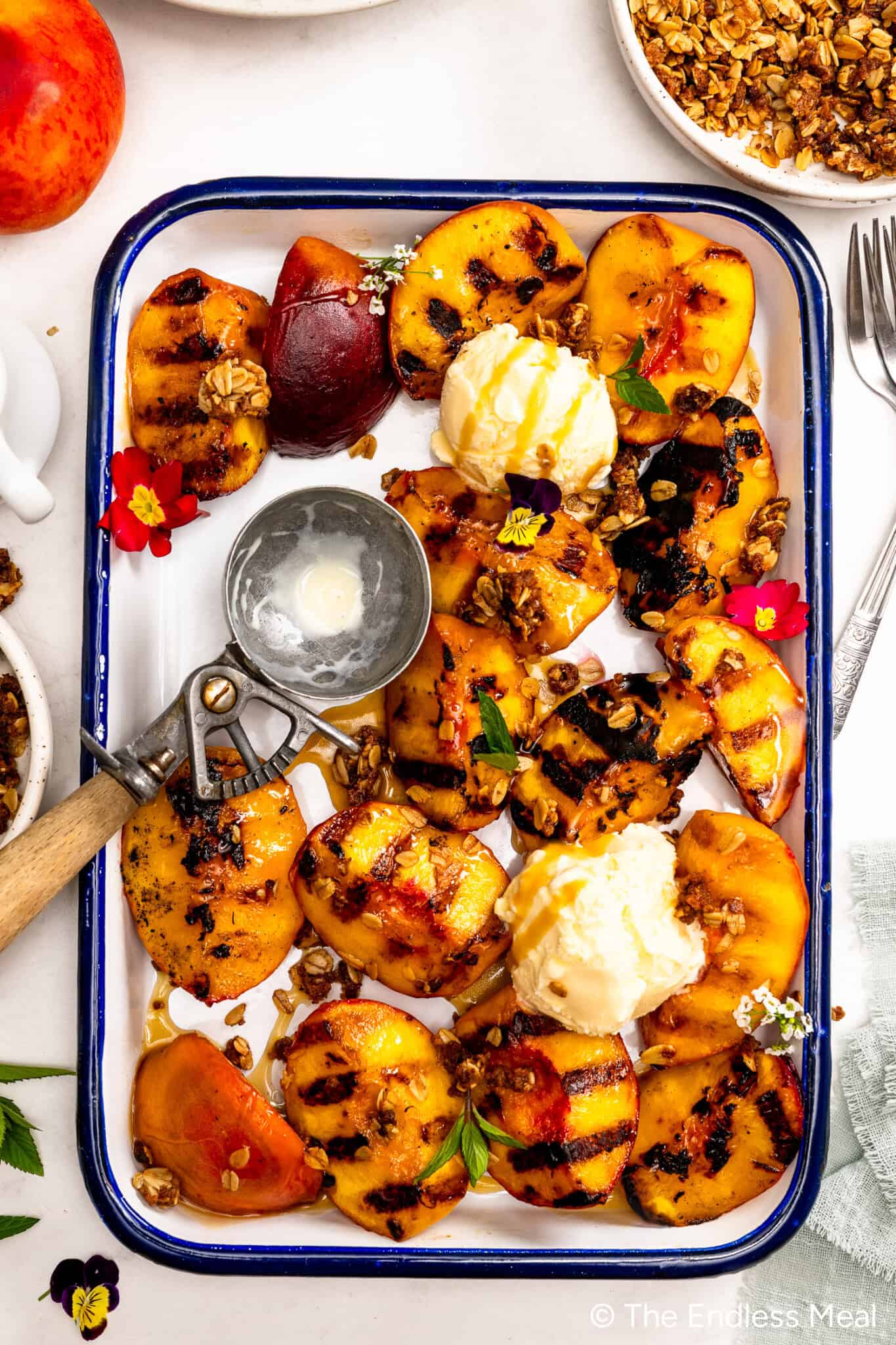 Grilled Peach Dessert with Streusel and Maple Caramel Sauce
