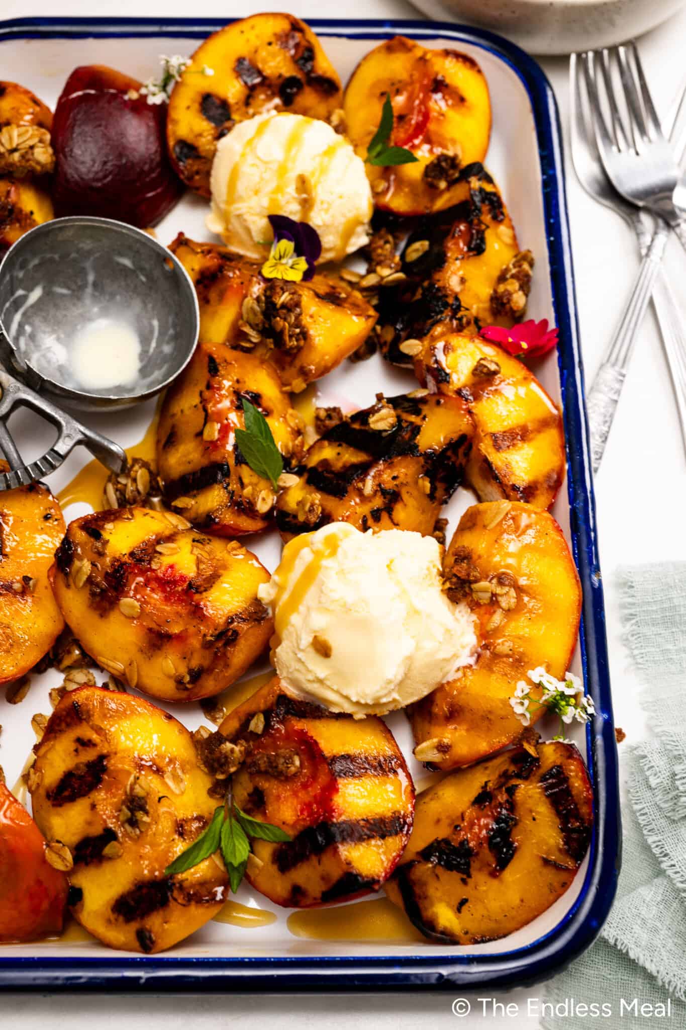Grilled Peach Dessert with Streusel and Maple Caramel Sauce